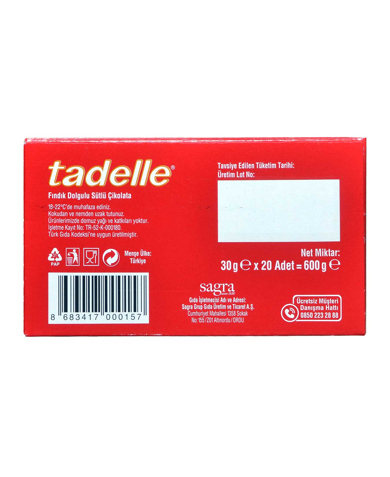 Tadelle Fındık Dolgulu Sütlü Çikolata 30 gr X 20'li Paket
